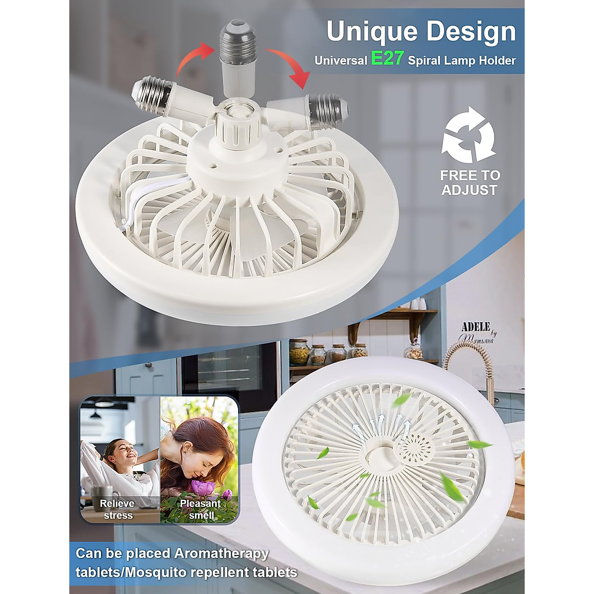 Enclosed Ceiling Fan with Light - Small 10-inch Bladeless Socket Fans with Remote Control, Dimmable LED Lights 3 Gear Wind Speeds for Garage Tool Room/Store Room/Kitchen/Bathroom