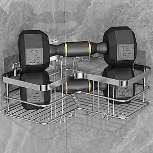 Yazoni Corner Shower Caddy, Adhesive Shower Shelves No Drilling [2-Pack], Rustproof Stainless Steel Bathroom Shower Organizer with 8 Hooks, Shower Shelf for Inside Shower (Silver)