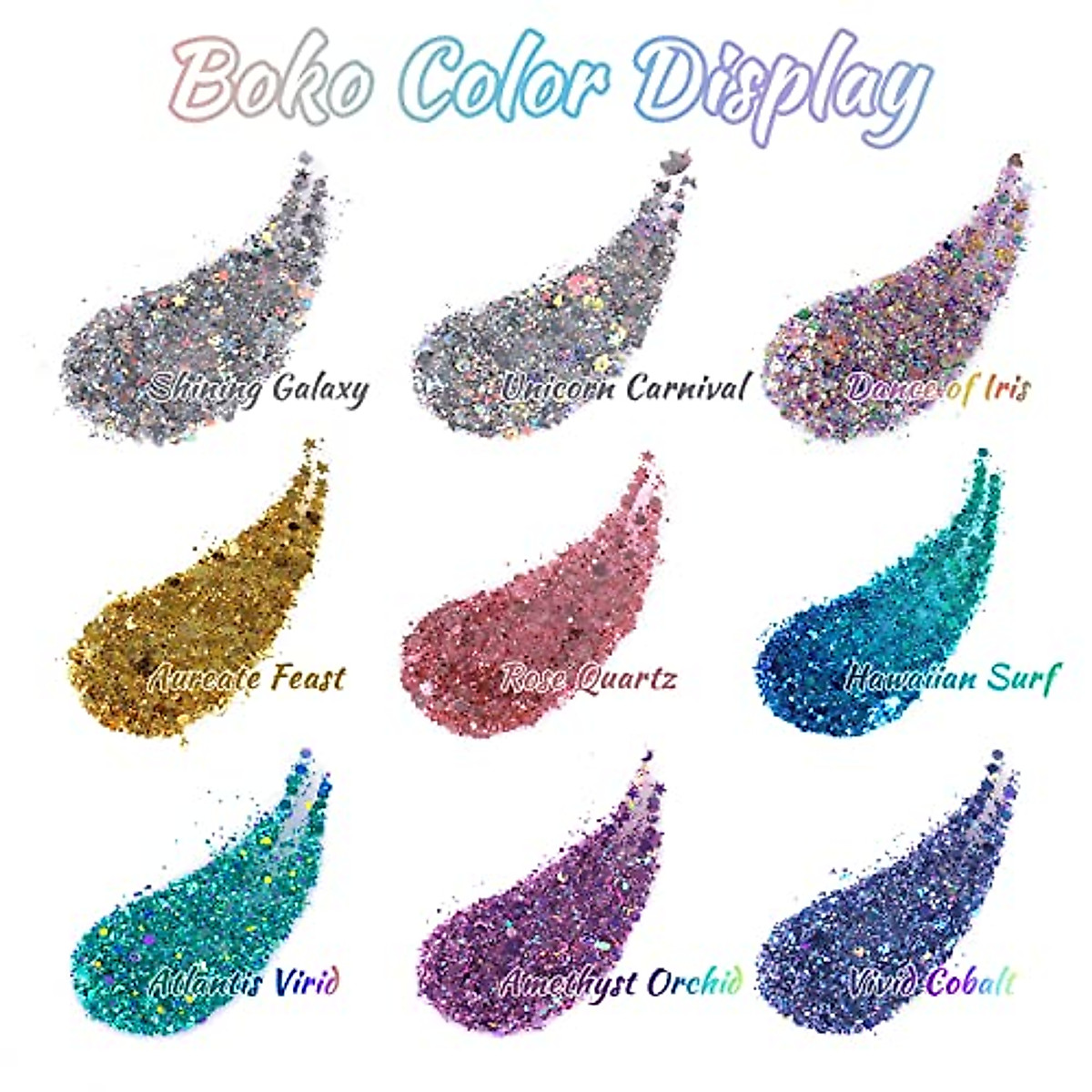 Boko 1.76oz Body Glitter Gel, Holographic Silver Liquid Chunky Glitter Lotion Unicorn Star Sequins for Face Hair and Body Makeup, Festival Clothing, Rave Accessories and Costume - Unicorn Carnival