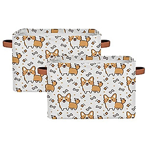 Storage Basket Bin, Dog Corgi Bones Stars Large Collapsible Storage Cube Box with Handle Durable Waterproof Closet Shelf Organizer for Toy Nursery Bedroom Laundry Basket, 1 Pcs