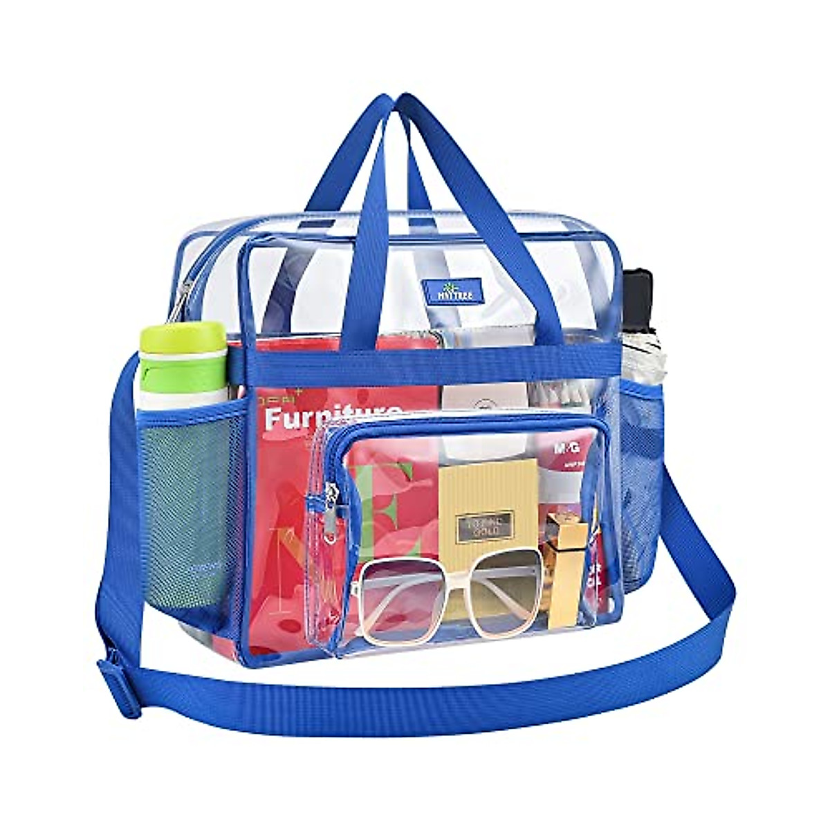 Clear Tote Bag Stadium Approved 12×12×6, Clear Lunch Bag with Front Pockets, Clear Tote Bag for Festival, Concerts, Sports Events-Blue