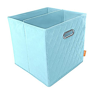 JIAessentials Large 13-inch Blue Foldable Diamond Patterned Faux Leather Storage Cube Bins Set of Four with Handles with Dual Handles for living room, bedroom and office storage