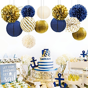 NICROLANDEE Navy Blue and Gold Decorations, 12PCS Hanging Paper Lanterns Tissue Pom Poms Decor for Graduation Party, Winter Wedding, Mens Birthday, Memorial Day Decorations, New Years Party Supplies