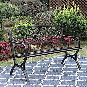 Sophia & William 50‘’ Outdoor Garden Bench Patio Park Bench, Cast Iron Metal Frame Furniture with Floral Design Backrest for Porch Yard Lawn Deck, Bronze