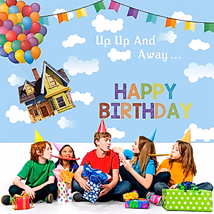 UP Happy Birthday Background Banner Blue Sky White Cloud Balloon Party Decoration Photography Background Banner 7x5 ft