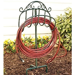 Plow & Hearth 51170-GR Scroll Wrought Iron Outdoor Garden Hose Holder with Ground Stake, 15" L x 7" W x 37.5" H, Green