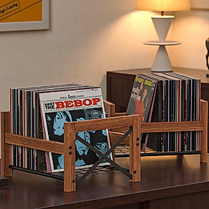X-cosrack Vinyl Record Holder,Fits 7” -12” Records,Store Up to 100Albums,DVDs,or CDs-Wood Book Storage Stand,File Folder Racks,Modern Design,Brown