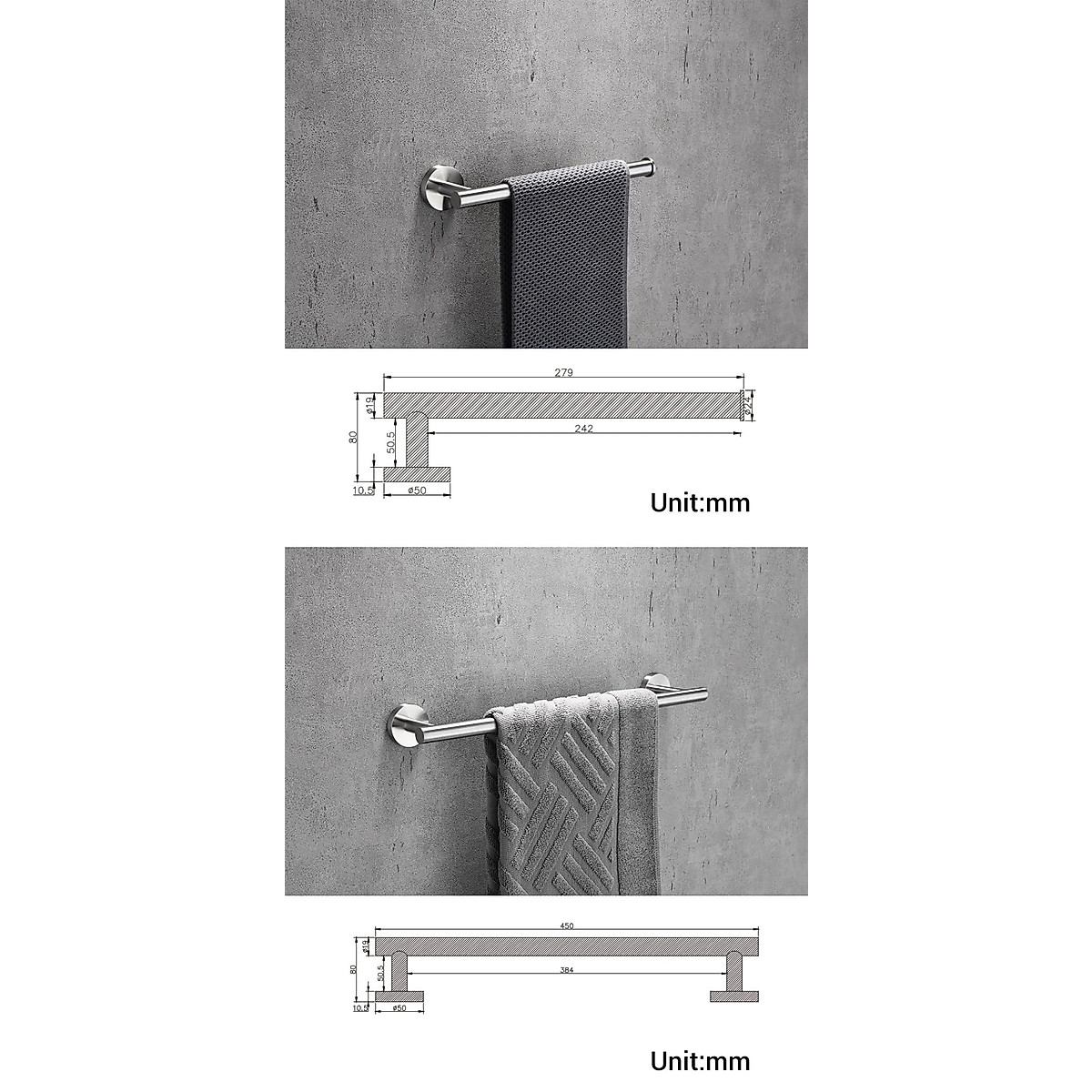 Bathroom Hardware Set Accessories Kit Brushed Stainless Steel Round Wall Rack Hand Bar Toilet Roll Paper Holder Robe Towel Hook,BG,Towel bar,45cm