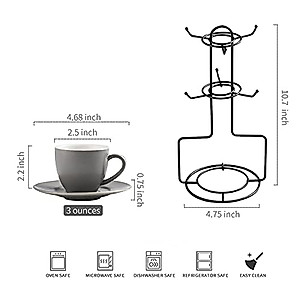 YHOSSEUN Porcelain Espresso Cups Set and Metal Stand 3 OZ Demitasse Cup For Coffee Shot, Mugs for Latte, Cafe Mocha, Cappuccino, and Tea, Serve for 6 Gray