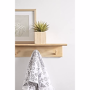 Kate and Laurel Alta Modern Floating Wood Wall Shelf with Coat Hooks, 36 x 5 x 5, Natural Wood, Decorative Wooden Shelf with 5 Hanging Posts for Storage