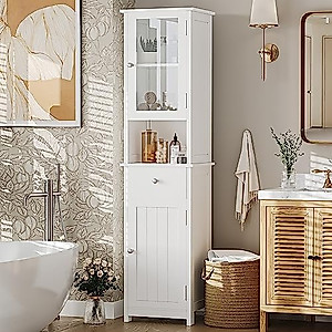 Rovaurx Tall Bathroom Floor Cabinet with Glass Doors, Narrow FreeStanding Storage Cabinet with Adjustable Shelf, Wooden Bathroom Storage Cabinet, Pantry with Drawer, White BMGZ105W