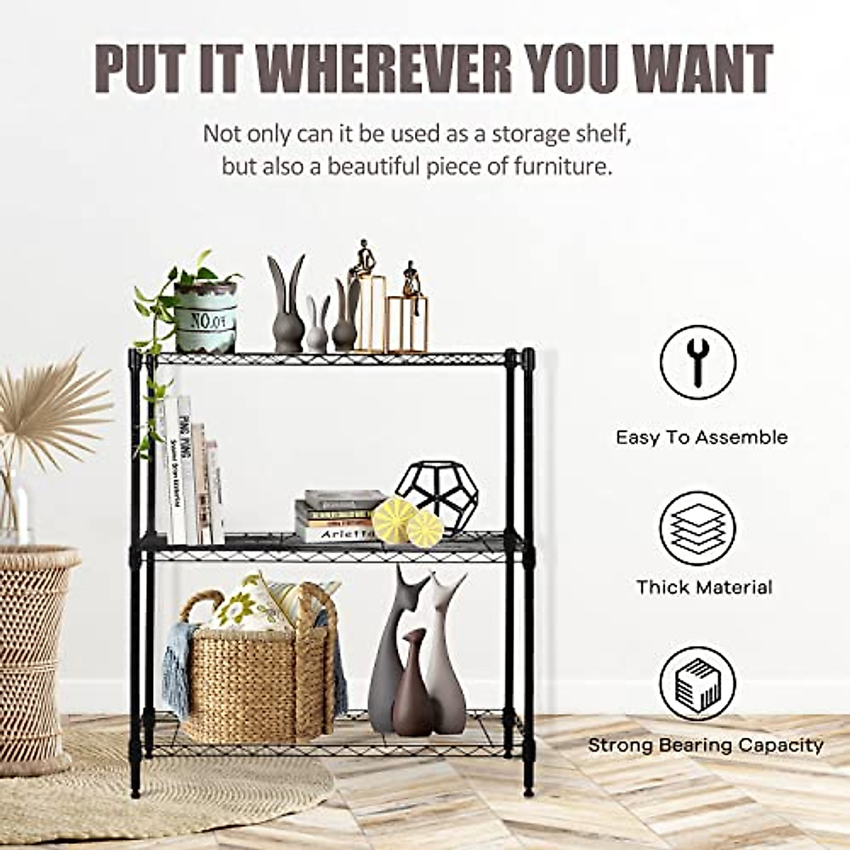NChanmar 3-Tier Wire Shelving Unit Storage Shelves Shelf Organizer 30"x23"x12" Heavy Duty Metal Storage Rack Wire Rack NSF Height Adjustable for Laundry Bathroom Kitchen Garage Shelving(Black)