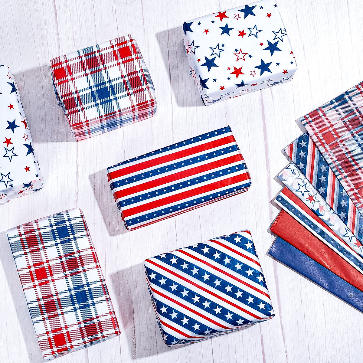 Whaline 4th of July Tissue Paper 90 Sheet Patriotic Stars Stripes Pattern Tissue Paper 6 Design Red Blue White Wrapping Paper Holiday Art Tissue for Independence Day DIY Gift Packing Party Favor