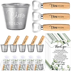 Funnymoom 50 Set Wedding Party Favors for Guests Wedding Short Glasses Cheers to Love Pint Cups Beer Bottle Opener with Thank You Cards Organza Bags Wedding Thank You Gifts for Bridal Shower