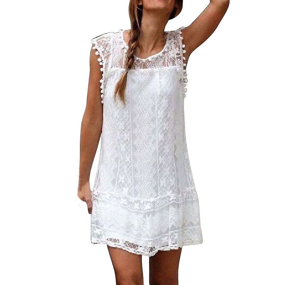 F_Gotal Womens Dresses Summer Casual Lace Tassel Mini Tank Dress Sleeveless Beach Sundress Evening Party Cocktail White