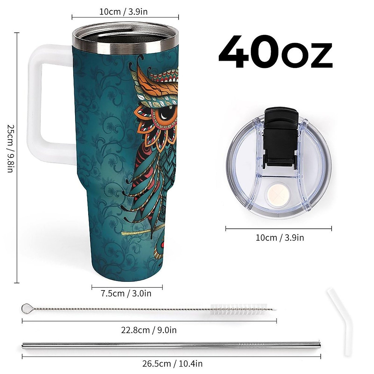 Niapessel Leak Proof Tumbler, Insulated Water Bottles with Straw, Owl Ethnic Insulated Cup with Handle 40 Oz Stainless Steel Flask for School, Travel, Car, Sports, Work