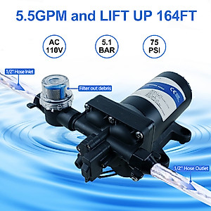 Tdrsuper Water Pressure Booster Pump, 110V AC Water Diaphragm Pump, 5.5GPM 75PSI with Power Plug, Self Priming RV Water Pump for Home Kitchen Bathroom RV Marine Yacht Garden Hose Black