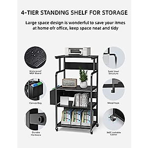 4-Tier Home Kitchen Standing Shelf Cart W/ Storage and Lockable Wheels, Tall Mobile Rolling Rack with Large Storage Space for Home Kitchen, Versatile, Durable - Black