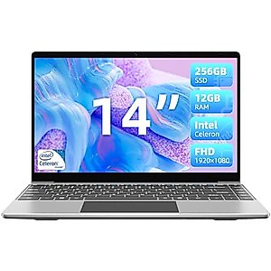 jumper Laptop with 12GB LPDDR4 256GB SSD, Intel Quad Core Celeron CPU, Laptops Computer, 14” 1080P FHD Screen, Lap Tops with Dual Speakers, HD Webcam, 256GB TF Card Expansion.