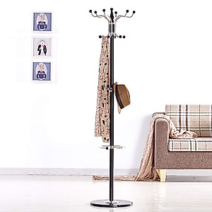 WDZCZDoo 67" Metal Coat Rack Stand with Natural Marble Base, Free Standing Hall Tree with 16 Hooks for Hanging Scarf, Bag, Jacket, Home Entry-way Hat Hanger Organizer (Black)