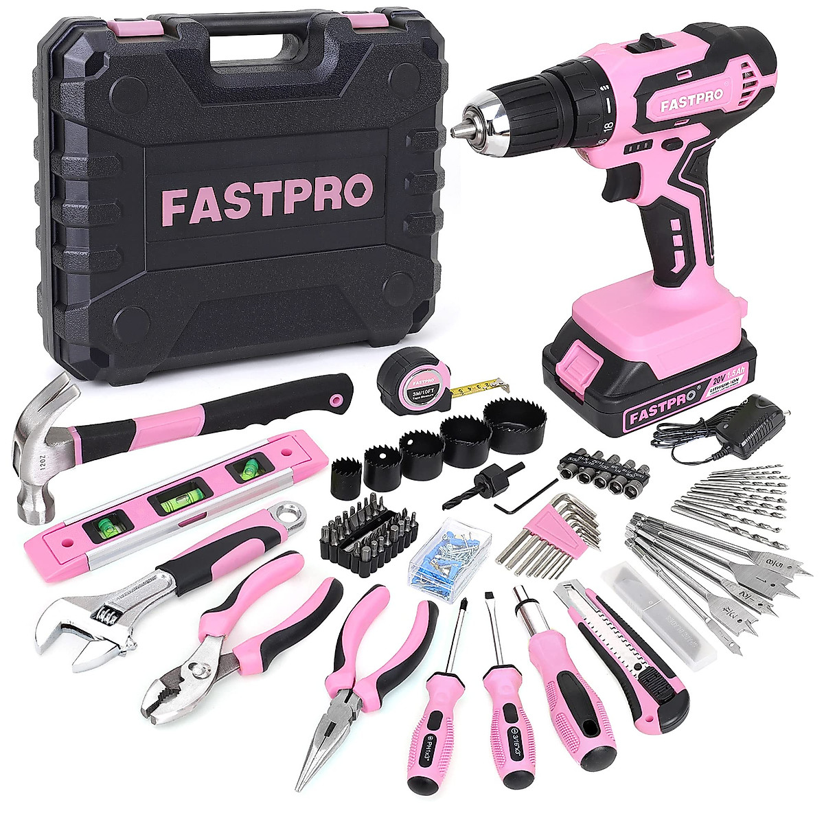 FASTPRO 177-Piece 20V Pink Cordless Lithium-ion Drill Driver and Home Tool Set, Lady's Home Repairing Tool Kit with Drill in Tool Storage Case