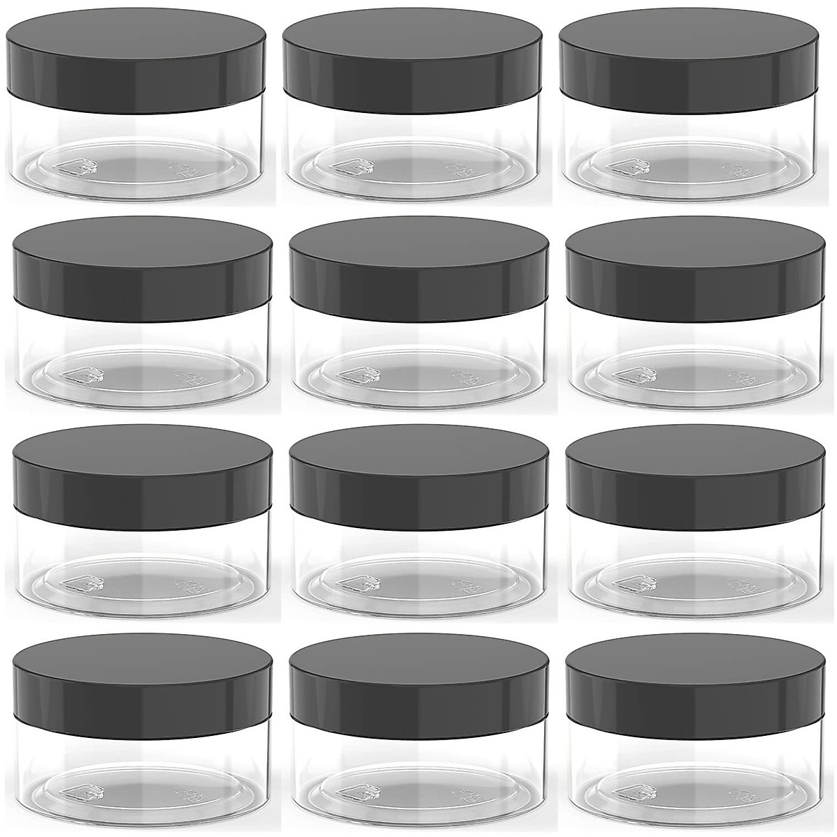 2oz Plastic Cosmetic Jars Leak Proof Clear Container with Black Lid for Cream, Lotion, Powder, ointment, Beauty Products etc, 12 Pcs.