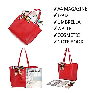 Women's Tote Shoulder Bag PU Leather Big Capacity Tassel Handbag (Large, L-Crocodile pattern Red)