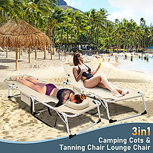 Barbella Heavy Duty Tanning Chair with Face Arm Hole, Folding Camping Cot Adjustable 5-Position Folding Chaise Lounge Chairs, Portable Layout Beach Chair for Outdoor Sunbathing Patio Pool Lawn Deck