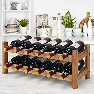 COSTWAY Wine Rack, Bamboo 12 Bottles 2-Tier Wine Display Rack for Countertop Home Kitchen Pantry, Free Standing Wine Storage, Rack Tabletop Wine Rack (Nature)