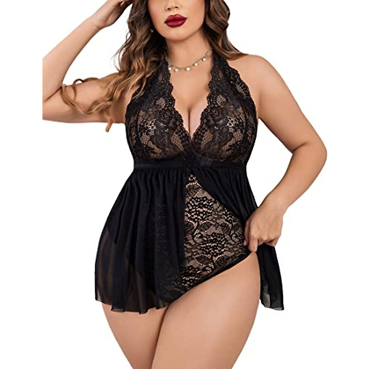 Avidlove Plus Size Babydoll Womens Lingerie Snap Crotch Lace Nighty Halter Plunging Mesh Sleepwear 14-24W (18W, Black)
