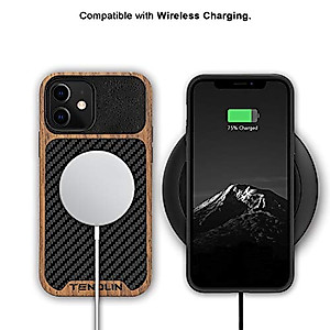 TENDLIN Compatible with iPhone 12 Mini Case Wood Grain with Carbon Fiber Texture Design Leather Hybrid Case