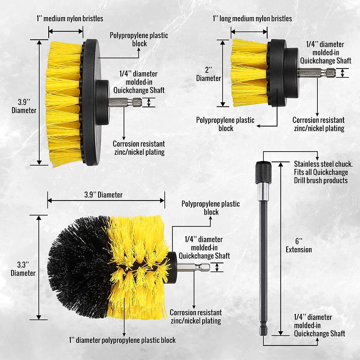 HIWARE Drill Brush Attachment Set, Yellow, Plastic Handle, 3 Sized Brush Heads for Cleaning Bathtub, Shower, Floor, Carpet, Kitchen, Bathroom, and More