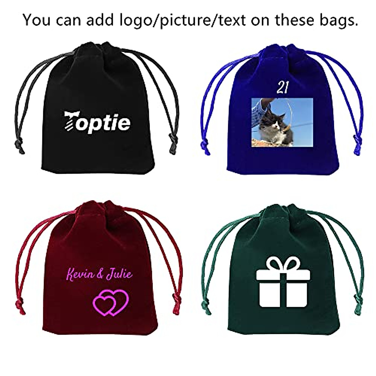 TOPTIE Custom 50 PCS Velvet Gift Wrap Bags with Drawstrings, 4"x6" Logo Print Jewelry Pouches for Wedding Favors