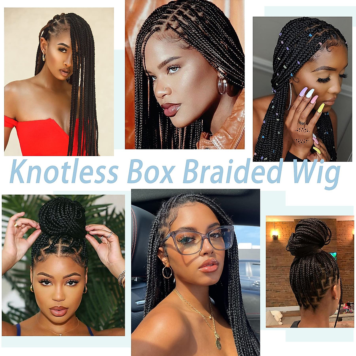 Fecihor 36" Knotless Braided Wigs Lace Front Box Braids Lace Frontal Wig for Women Human Hair Blended Black Hand Full double lace Braid Wig With Baby Hair