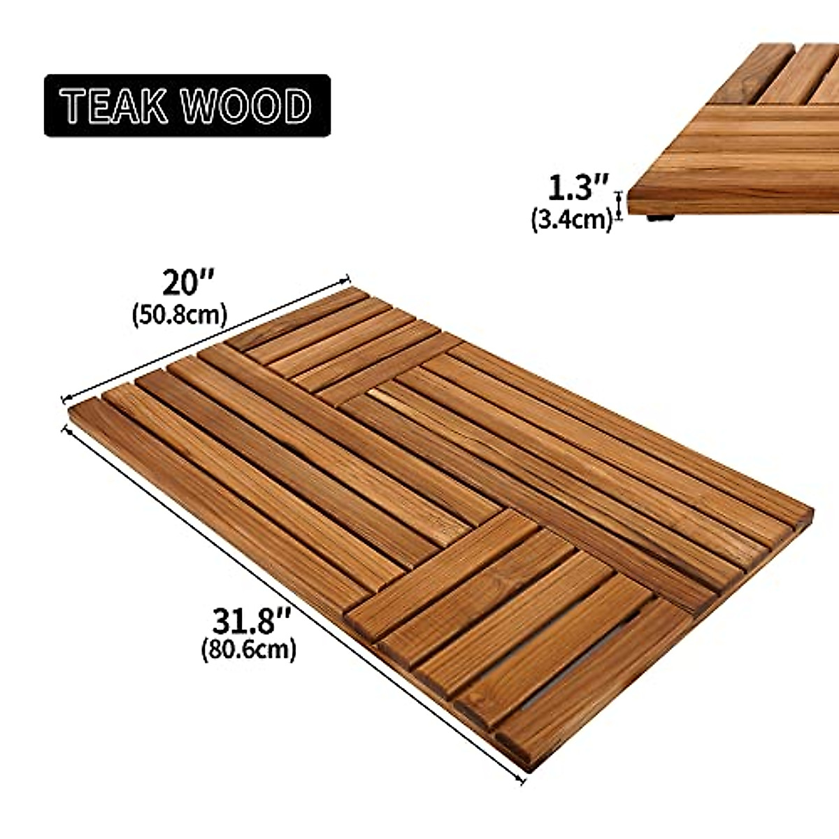 Utoplike Teak Wood Bath Mat, 31.8 x 20 inch Large Wooden Shower Mat for Bathroom and Bathtub Caddy Tray Bath Tray for Tub Set