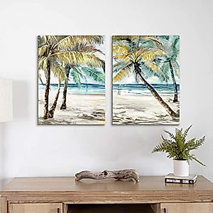 Beach Palm Trees Wall Art: Abstract Coastal Picture Tropical Ocean Scene Artwork Seascape Painting Print on Canvas for Modern Living Room Bathroom Office