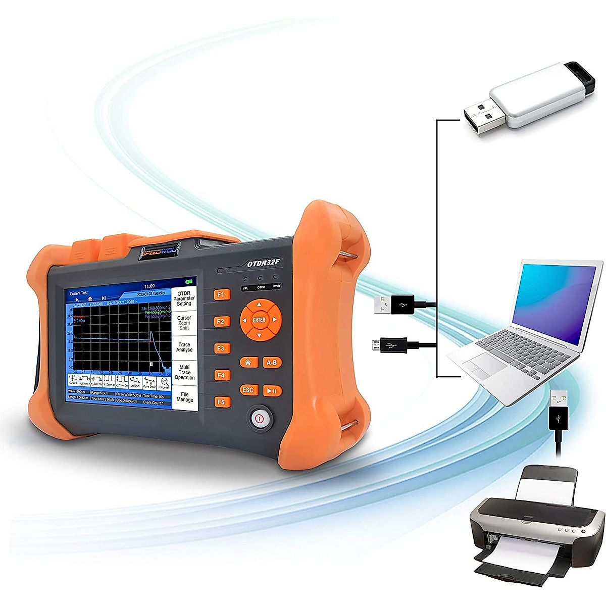 SPEEDWOLF 850/1300nm 24/22dB Multimode OTDR 5.6inch Touch Screen FTTH Fiber Optic Cable Tester with Visual Fault Locator(VFL) and FC+SC+FC/UPC(Male)-LC(UPC+APC)(Female) Adapter(OTDR32F-T1-MD-1)