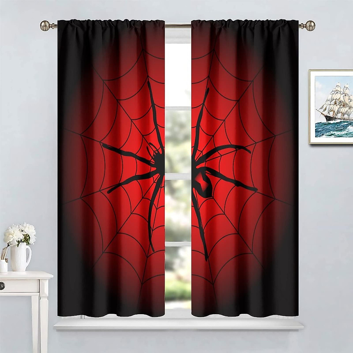 Spider Web Window Curtains for Kids, Big Spider Black Spiderweb Blackout Rod Pocket Windows Treatments for Boy Girl Baby Nursery Toddler Children Bedroom Halloween Decor 42x45in