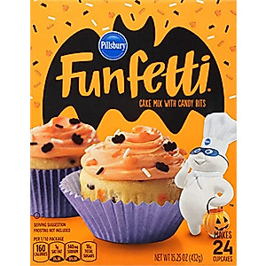 Pillsbury Funfetti Halloween Bundle, 2 Cake Mixes with Candy Bits, 1 of each Frosting with Sprinkles, Black Chocolate and Orange Vanilla (Pack of 4) with By The Cup Spreader