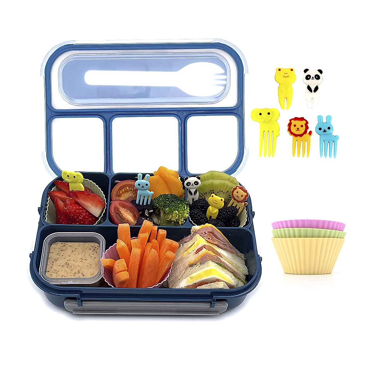 HappyRhino Bento Lunch Box for Kids Adult,4 Compartment Bento Box Adult Lunch Box Containers,Kids Lunch Box with Fun Accessories Silicone Food Cake Cups, Cute Food Picks for Kids,Easy to Clean (BLUE)
