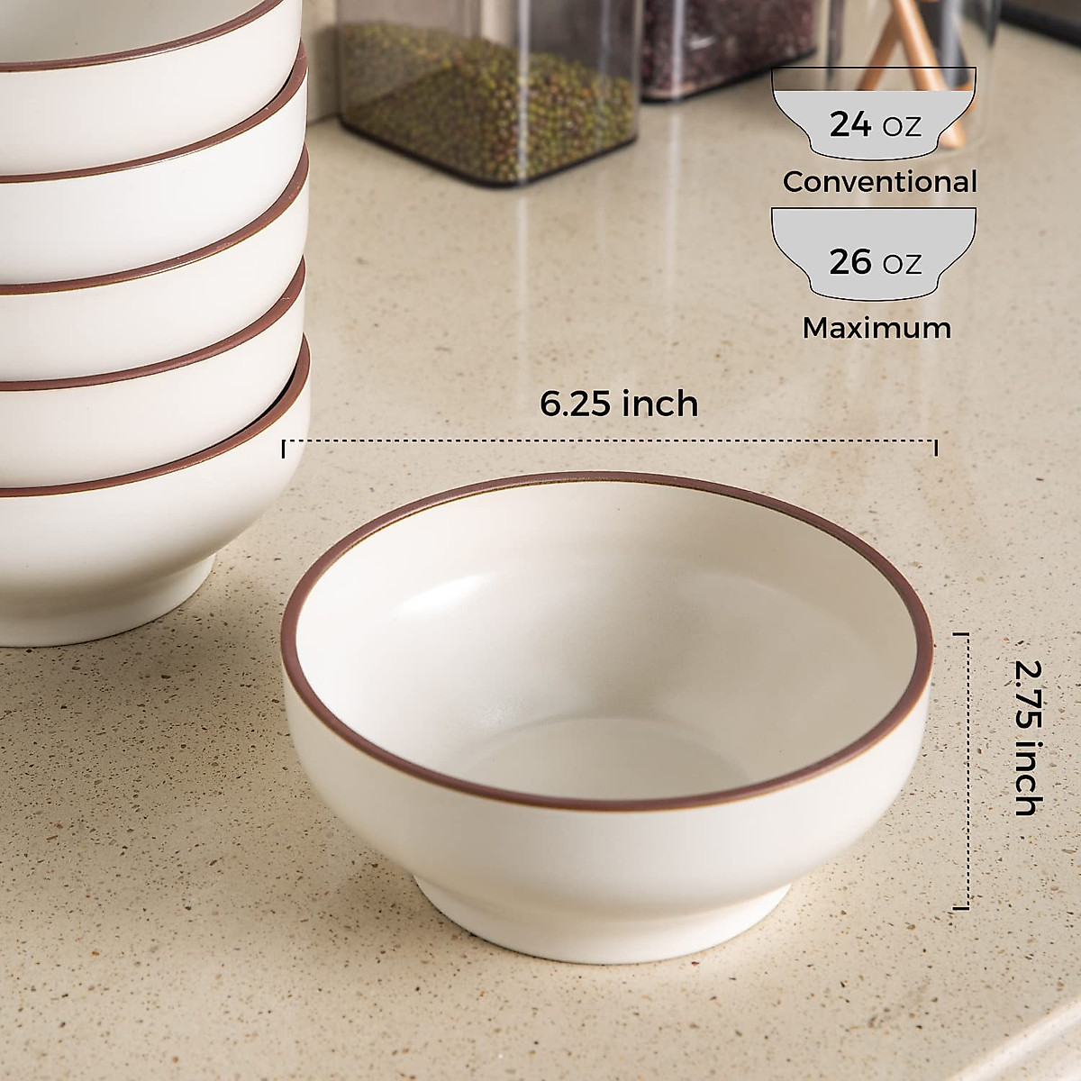 LERATIO Ceramic Bowls Set of 6,26 Ounce Bowls for Kitchen, Cereal, Salad, Pasta, Soup, Dessert etc, Oven & Dishwasher & Microwave Safe,Scratch Resistant,Matte White with Rim