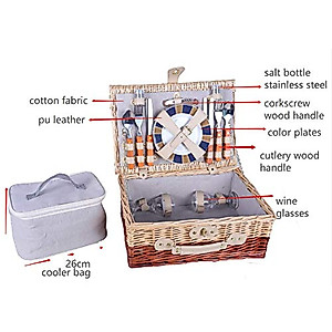 LA Chama Deluxe 4 Person Willow Picnic Basket, 4 Persons Sets, Mobile Ice Pack, Deluxe Plates, Khaki Brown