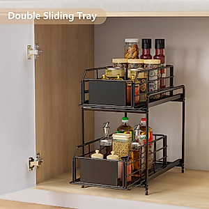 Laokiiy Under Sink Organizers, Storage Bathroom Organizer 2 Tier Under Sliding Kicthen Cabinet Basket Organizer with Hooks, Multi-purpose Under Sink Shelf Organizer, Black