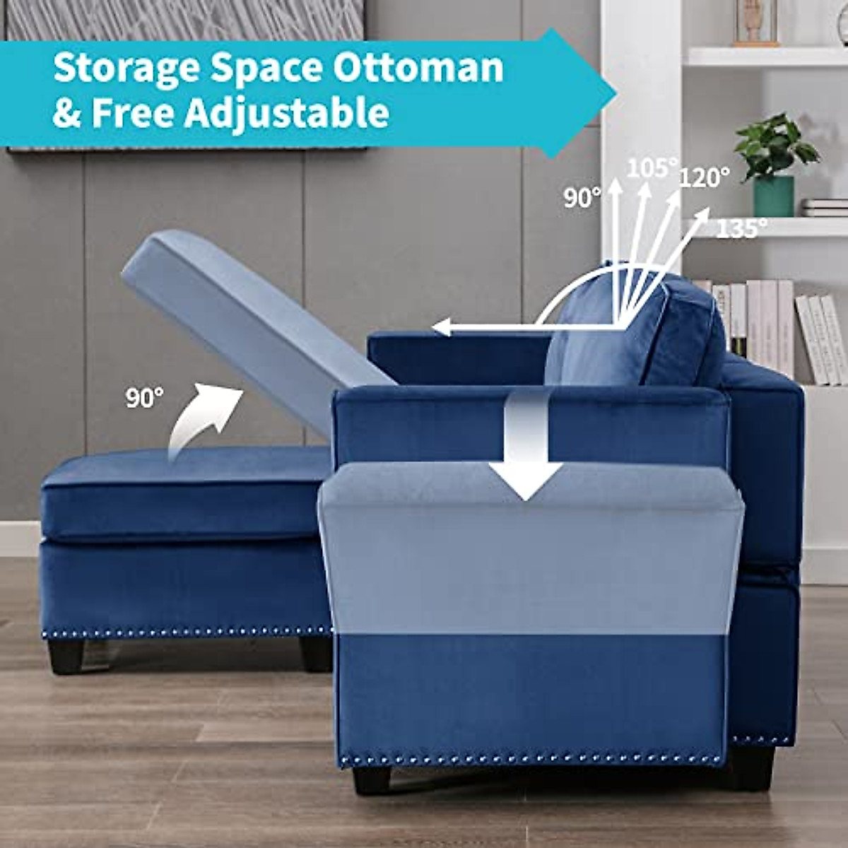 CECER Modular Sectional Sofa Couch,4 Seater Free Combination Sofa Couch with 2 Movable Storage Ottomans, Convertible Sofa Couch with Adjustable Armrest and Backrest for Living Room（Dark Blue）