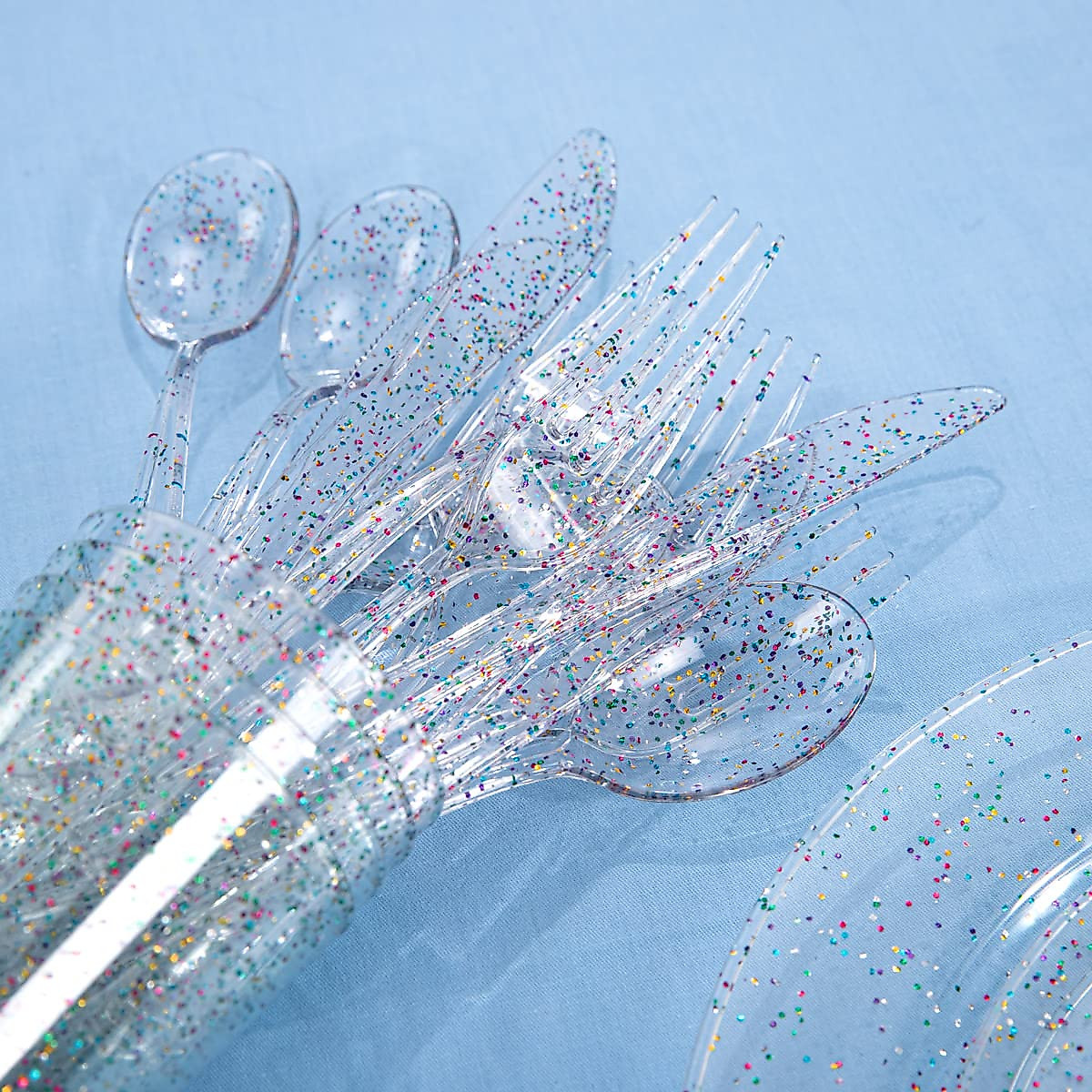 Rubtlamp 180PCS Glitter Plastic Plates with Glitter Disposable Silverware, Clear Glitter Plates for 30 Guests Include 30Dinner Platos, 30Dessert Platos, 90Cutlerys, 30Cups for Party