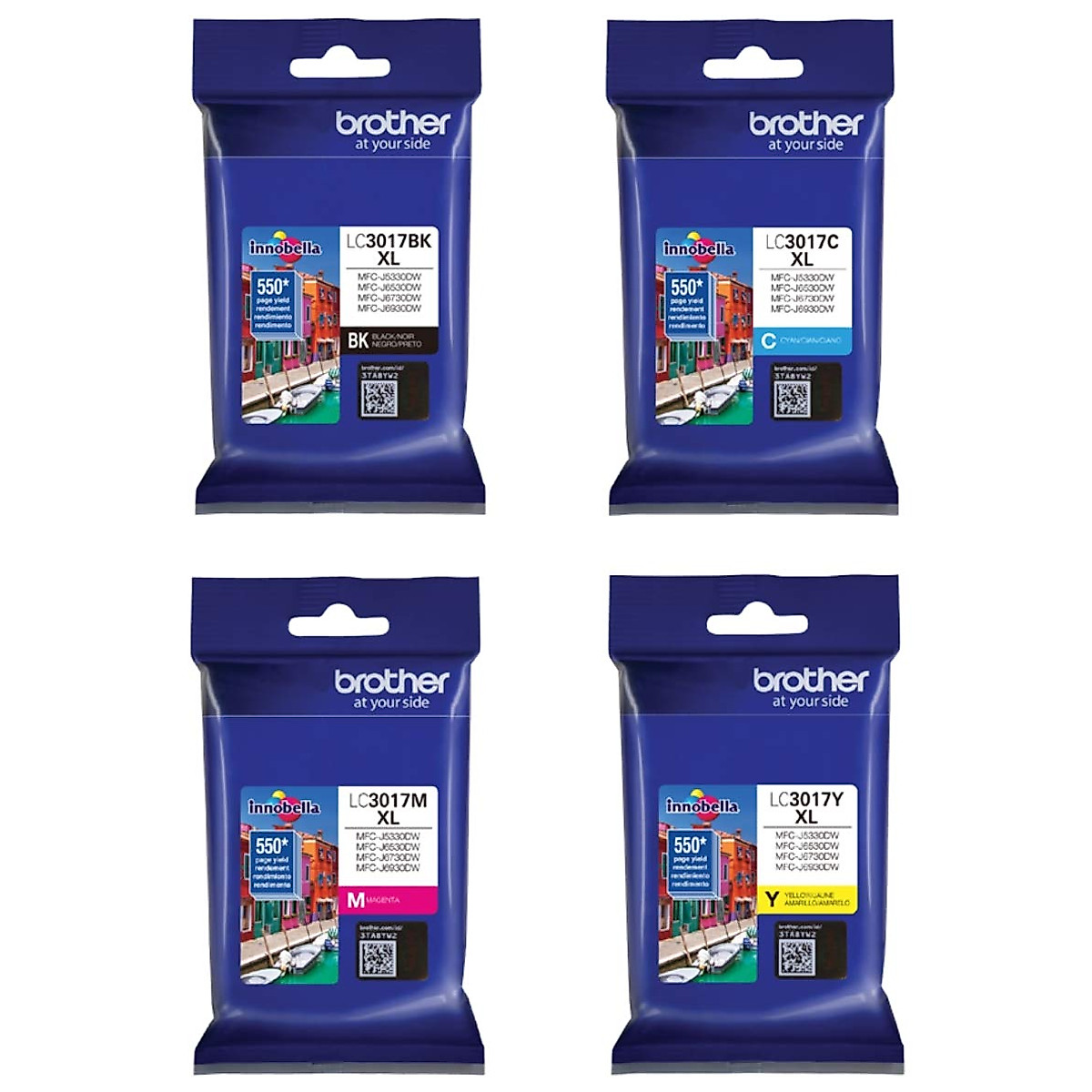 Brother Genuine LC3017 (LC-3017) (BK/C/M/Y) High Yield Color Ink 4-Pack (Includes 1 Each LC3017BK, LC3017C, LC3017M, LC3017Y)