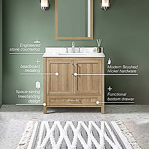 OVE Decors Kansas 36" Single Sink Bathroom Vanity Set with Countertop, Fully-Assembled | Ceramic Sink and Backsplash Included | 02 Doors, 01 Drawer, 36 inches, White Oak