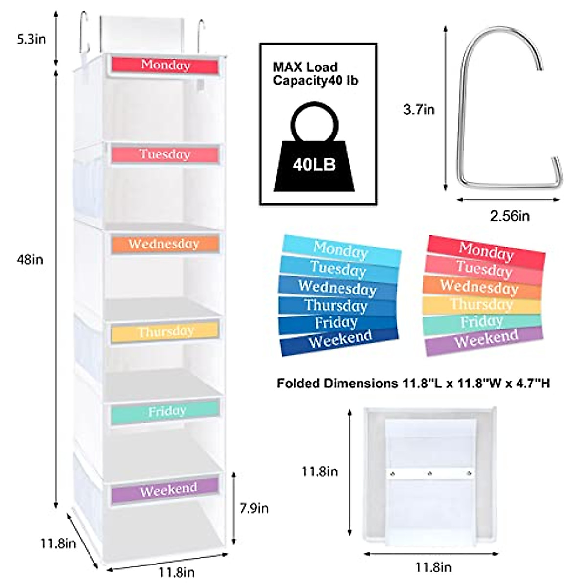 Fixwal 6-Shelf Weekly Hanging Closet Organizer with 6 Side Pockets Collapsible Weekday Kids Closet Daily Clothes Organizer Hanging Storage Shelves (White)