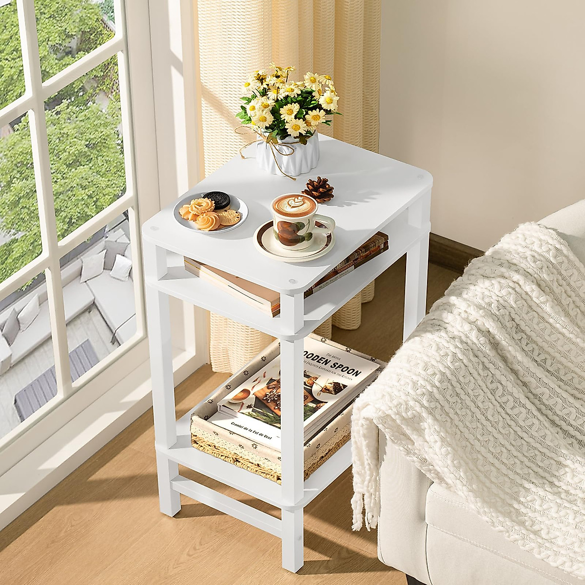 YUFAM 28in Tall Side Tables Set of 2, 3 Tier Small end tables for small spaces, narrow entryway tables with Storage, entrance tables for front door, Wooden frame, for Living Room, Bedroom, Hall, White