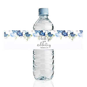 URROMA Wedding Water Bottle Labels, 50 Pcs Thank You White and Blue Rose Water Bottle Wraps Water Bottle Stickers for Birthday Baby Shower